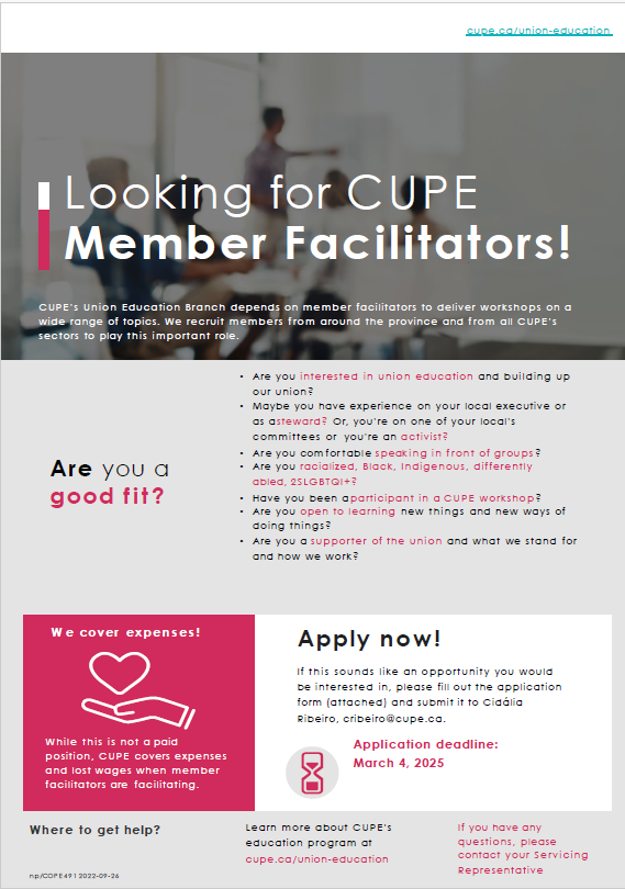 CUPE Union Education is looking for Member Facilitators – CUPE LOCAL 4186